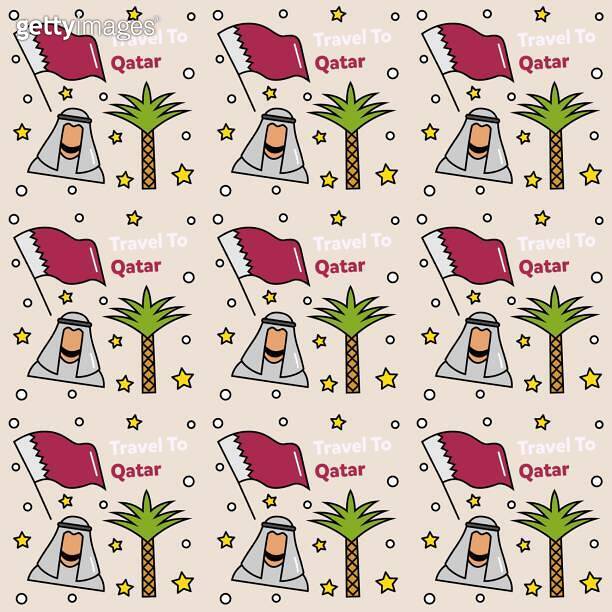 Travel to Qatar doodle seamless pattern vector design. Map, flag, oil ...