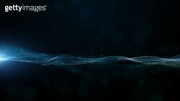 Digital cyberspace futuristic, Blue color particles wave flowing with lines and dots connection ...