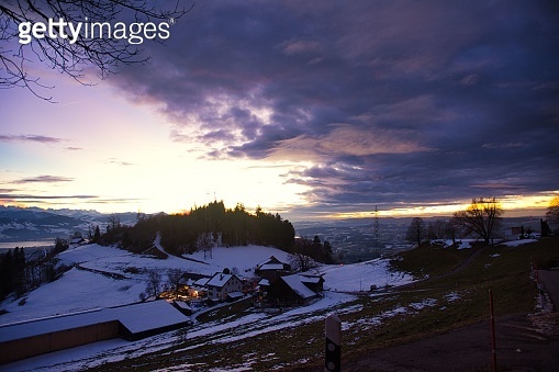 Bachtel Tower located at Zurich Oberland during Winter sunset time. Top ...