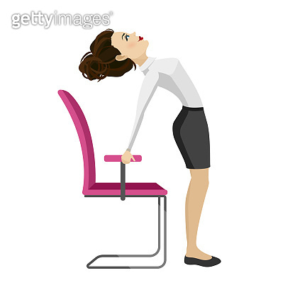Pretty woman in business clothes is doing exercises for back on the ...