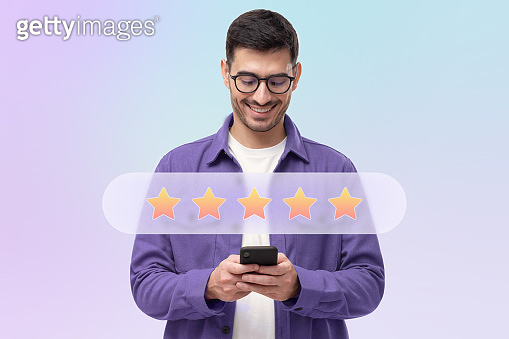 Satisfied client in purple shirt and glasses giving five star feed back ...