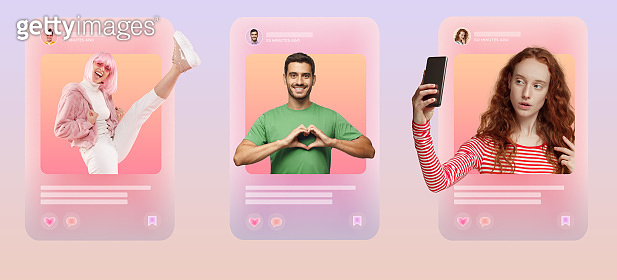 Collage of posts in social media feed of diverse people, popular ...