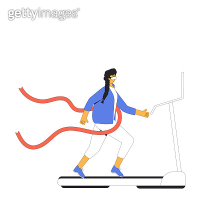 Running woman on treadmill with VR headset glasses. Virtual reality ...