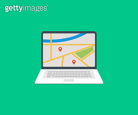 GPS navigation or route with check-in symbol on screen of Laptop. UI ...