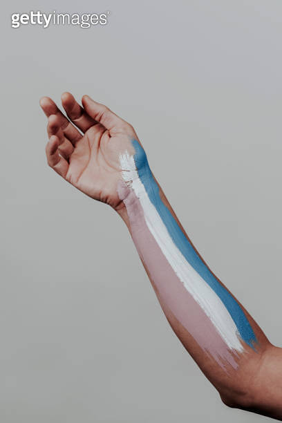 transgender pride flag in the arm of a person 이미지 (1387216971) - 게티이미지뱅크