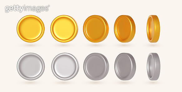 Set of realistic vector concept of golden and silver coins. Spinning ...