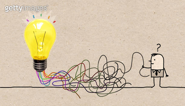 Confused Carton man with Tangled lines going to a Light Bulb ...