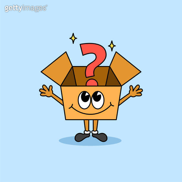 Mystery paper box with question mark inside character mascot. old ...