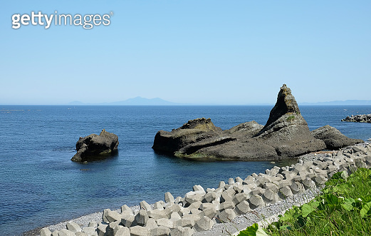 Coast of Rausu, Tengu Iwa and Kunashiri Island, Shiretoko Peninsula ...