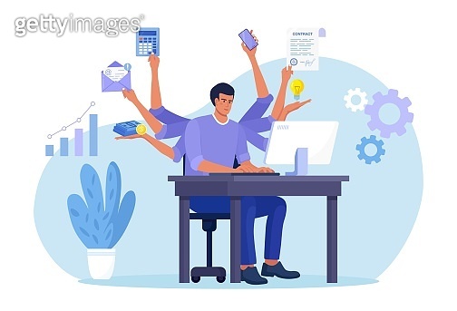Businessman with many arms sitting at computer in office and doing many ...