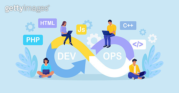 DevOps concept. Programmers practice of development and software operations. Developer working ...