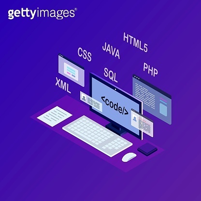 Software development, programming language, coding. Digital technology. Isometric laptop ...