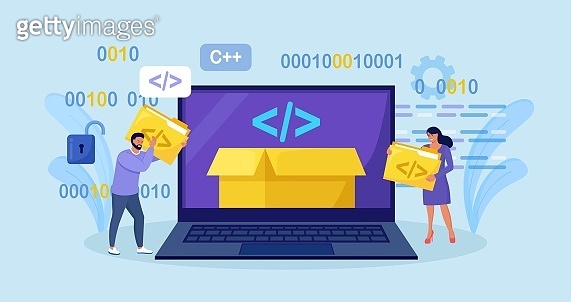 Open source. Tiny programmers programming website for internet platform. Developers creating ...