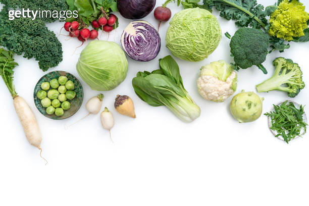 Crucifers vegetables assortment as cabbage, broccoli, cabbage, turnip ...