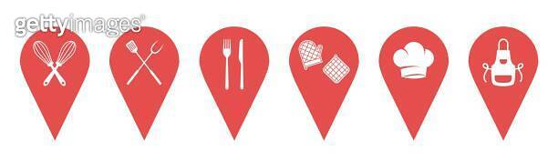 Red maps pins. Location map icon. Icons depicting kitchen appliances ...