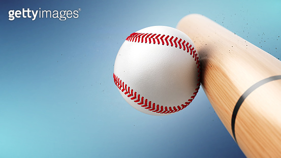 Baseball bat hits baseball ball. Closeup view - 3d rendering 이미지 ...