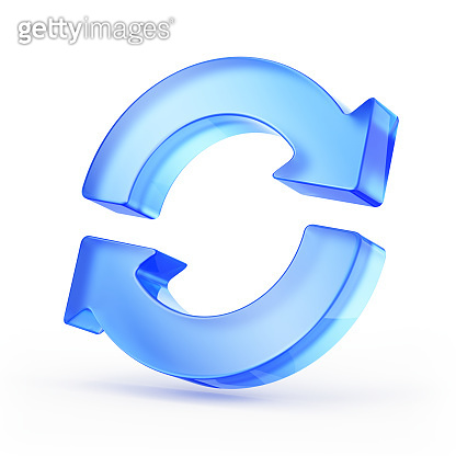 Two arrows icon - update symbol. 3d blue glass update, refresh icon ...