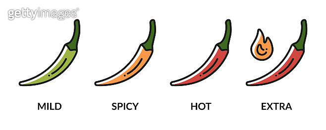 Spice level icons: mild, spicy, hot and extra. 이미지 (1431436217) - 게티이미지뱅크