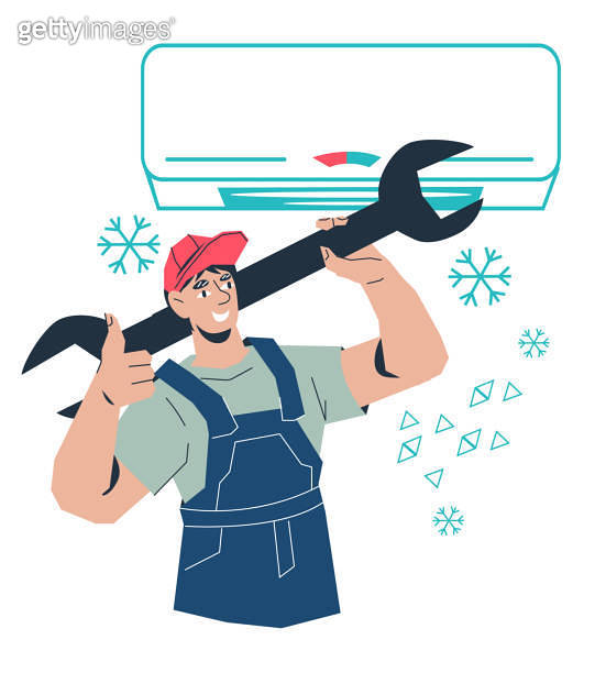 Air conditioner repair maintenance works logo or emblem with repairman ...