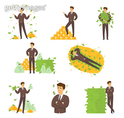 Happy rich man in different poses standing near money (1432388374) 일러스트 ...