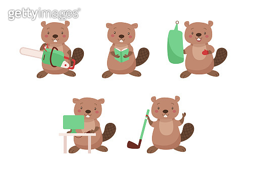 Set of funny cartoon beaver character reading book, playing hockey ...