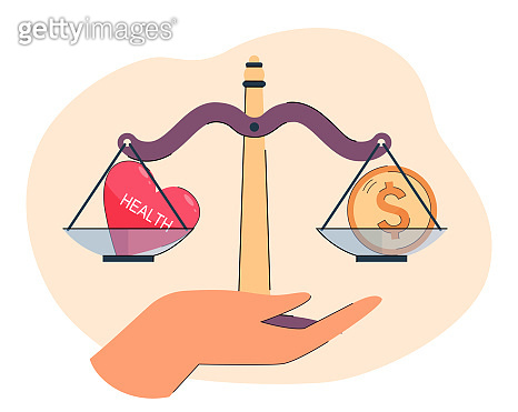 Hand holding scales with gold coin and heart as symbol of health ...