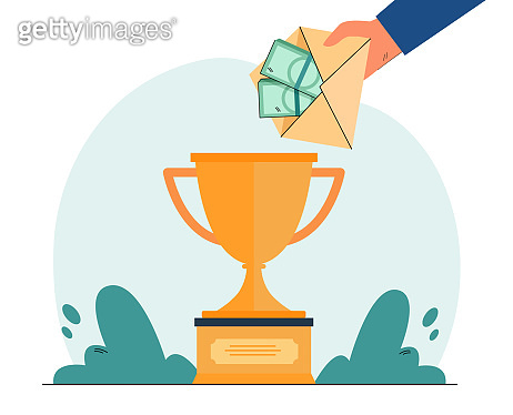Gold trophy and hand holding cash prize in envelope 이미지 (1407046572 ...
