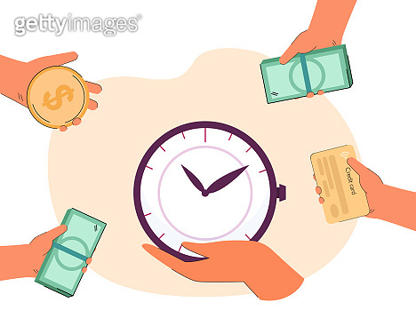 Hands of people offering money to person holding stopwatch 이미지 ...