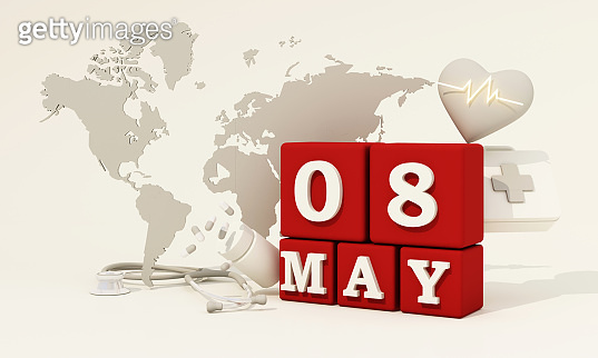 May 8th, calendar on calendar red box on white background and medical ...