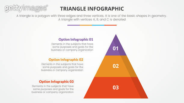 infographic triangle concept for slide presentation with 3 point list with flat pyramid style ...