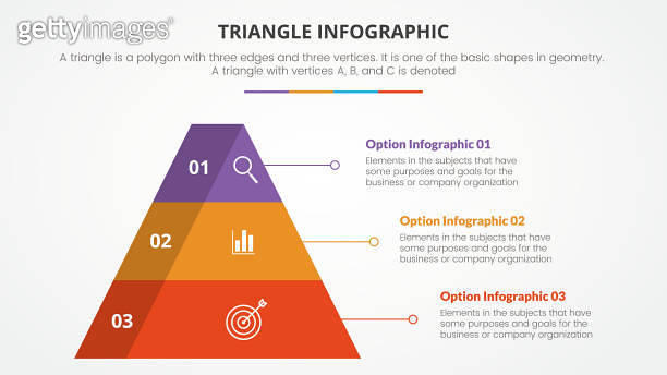 infographic triangle concept for slide presentation with 3 point list with flat pyramid style ...