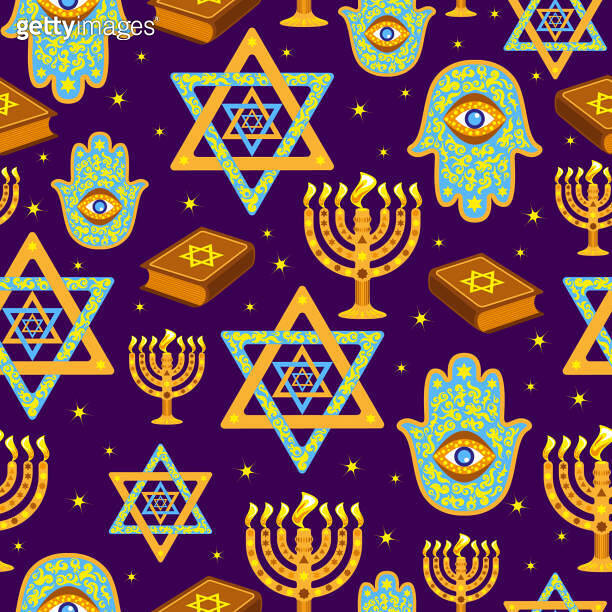 Seamless pattern with Menorah, Star of David, Hamsa and Torah ...