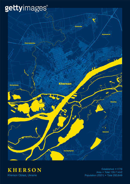 Kherson Map Vector Poster Highly Detailed Map In Yellow Blue Colours ...