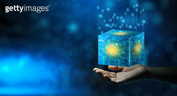 Businessman hand holding Cube computing technology. Cloud data and ...
