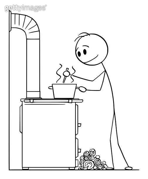 Person Cooking on Kitchen Wooden Stove , Vector Cartoon Stick Figure ...