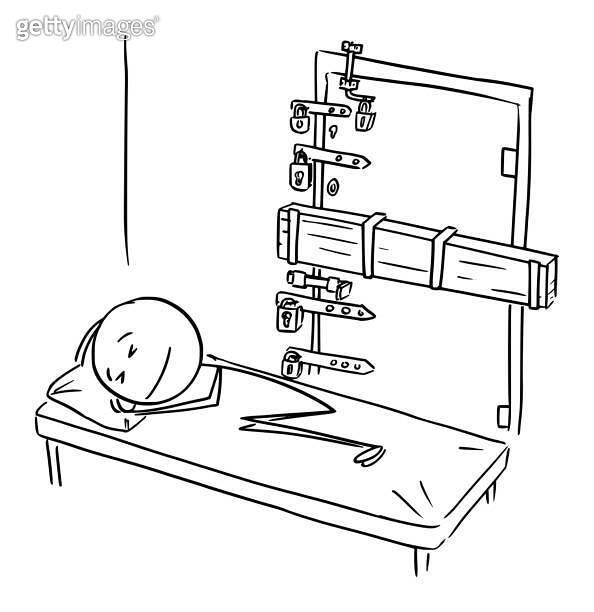 Person Sleeping Safe With Locks on Door, Vector Cartoon Stick Figure ...