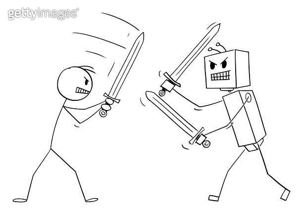 Human Person Sword Fighting With Robot , Vector Cartoon Stick Figure ...