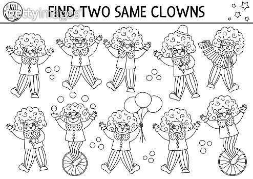 Find two same clowns. Circus black and white matching activity for ...