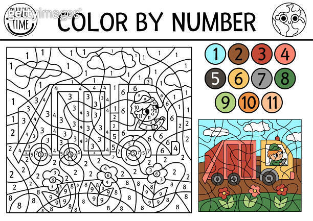 Vector circus color by number activity with clown face and bow ...