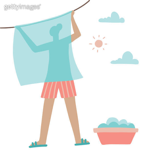 Concept of drying clothes. Woman hanging wet clothes on a clothesline ...