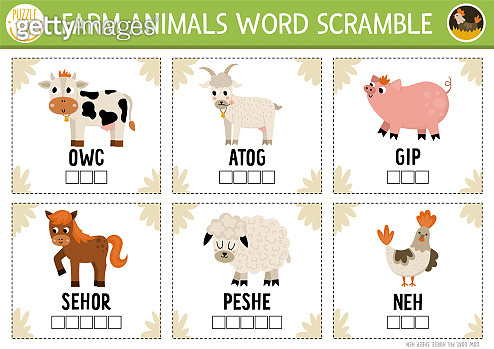 Vector farm animals word scramble activity page. English language game ...