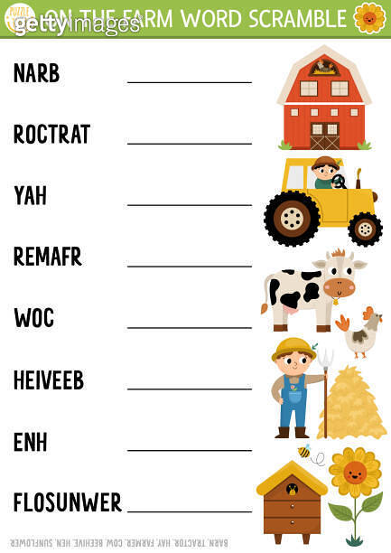 Vector on the farm word scramble activity page. English language game ...