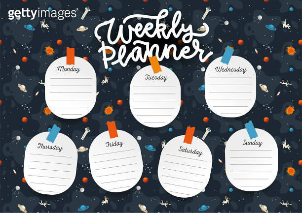 Weekly planner A4 sheet template. School timetable with galaxy universe ...