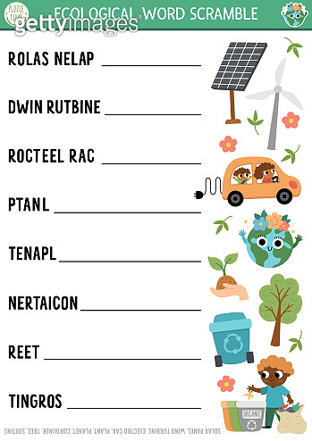 Vector ecological word scramble activity page. English language game ...