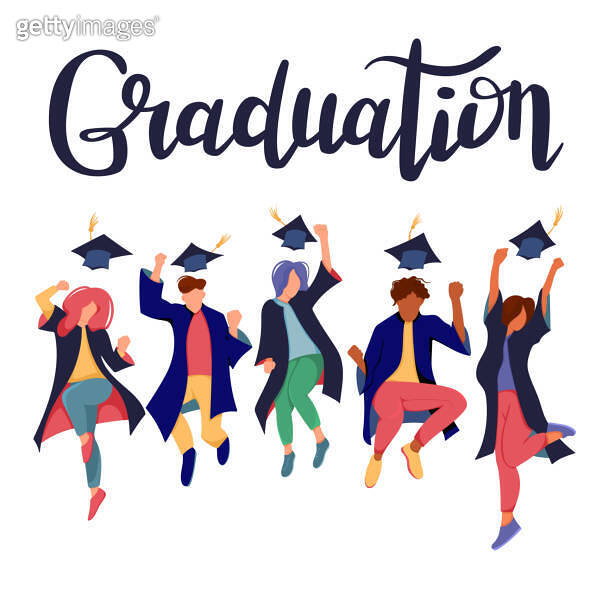 Group of happy diverse academy graduates jumping. International ...