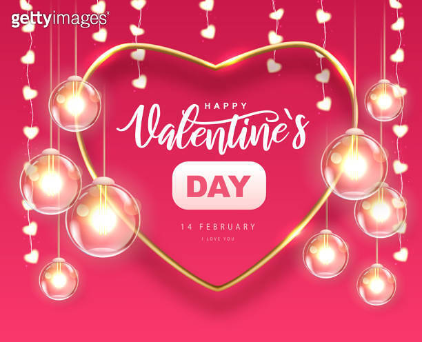 Happy Valentines Day Poster With 3d Gold Love Heart And Electric Lamps