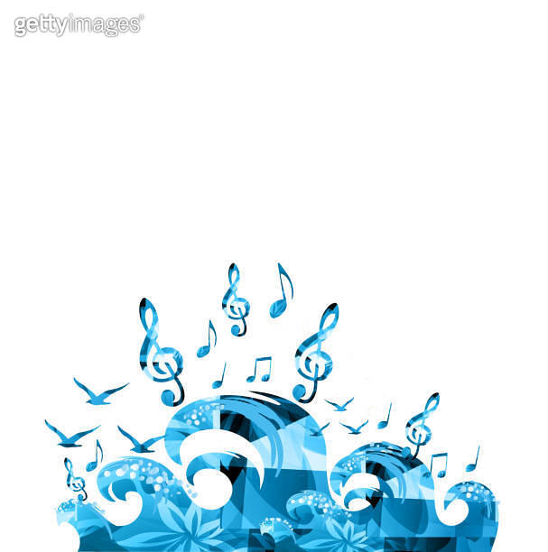 Musical poster with musical notes, waves and gulls isolated vector ...