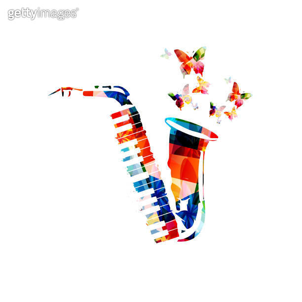 Colorful musical poster with saxophone and piano keyboard isolated ...