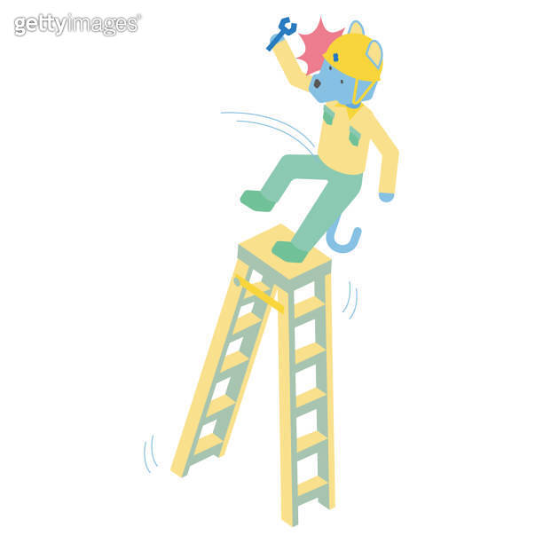 Isometric illustration of a male worker wolf who fell from a stepladder ...