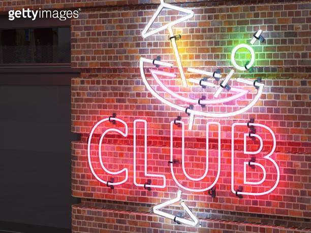 Neon Night Club Sign on the Brick Wall 이미지 (1446014222) - 게티이미지뱅크
